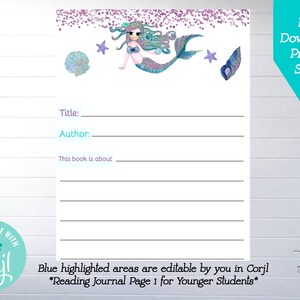 Editable Mermaid Reading Log, Edit Yourself Mermaid Reading Journal ...