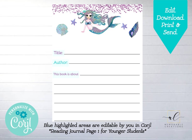 Editable Mermaid Reading Log, Edit Yourself Mermaid Reading Journal ...