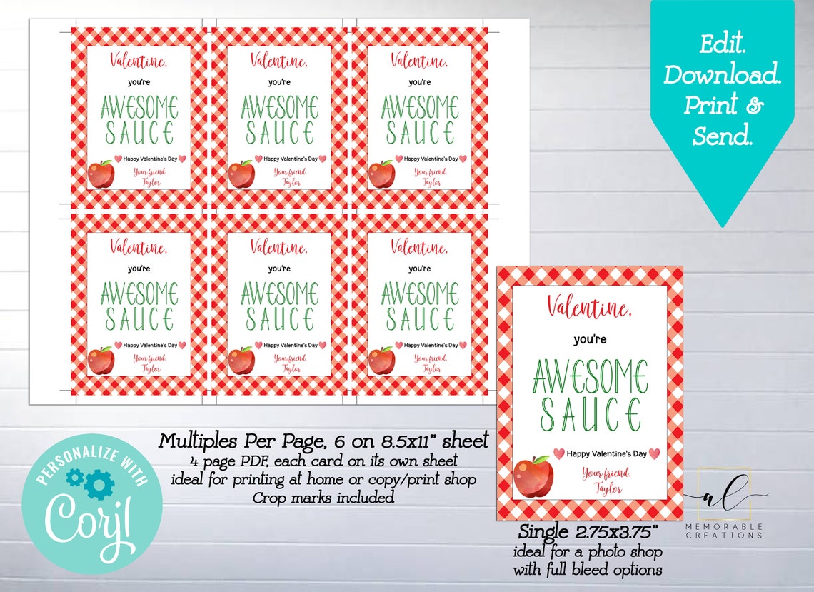 Applesauce Valentine Printable Cards Editable Applesauce - Etsy