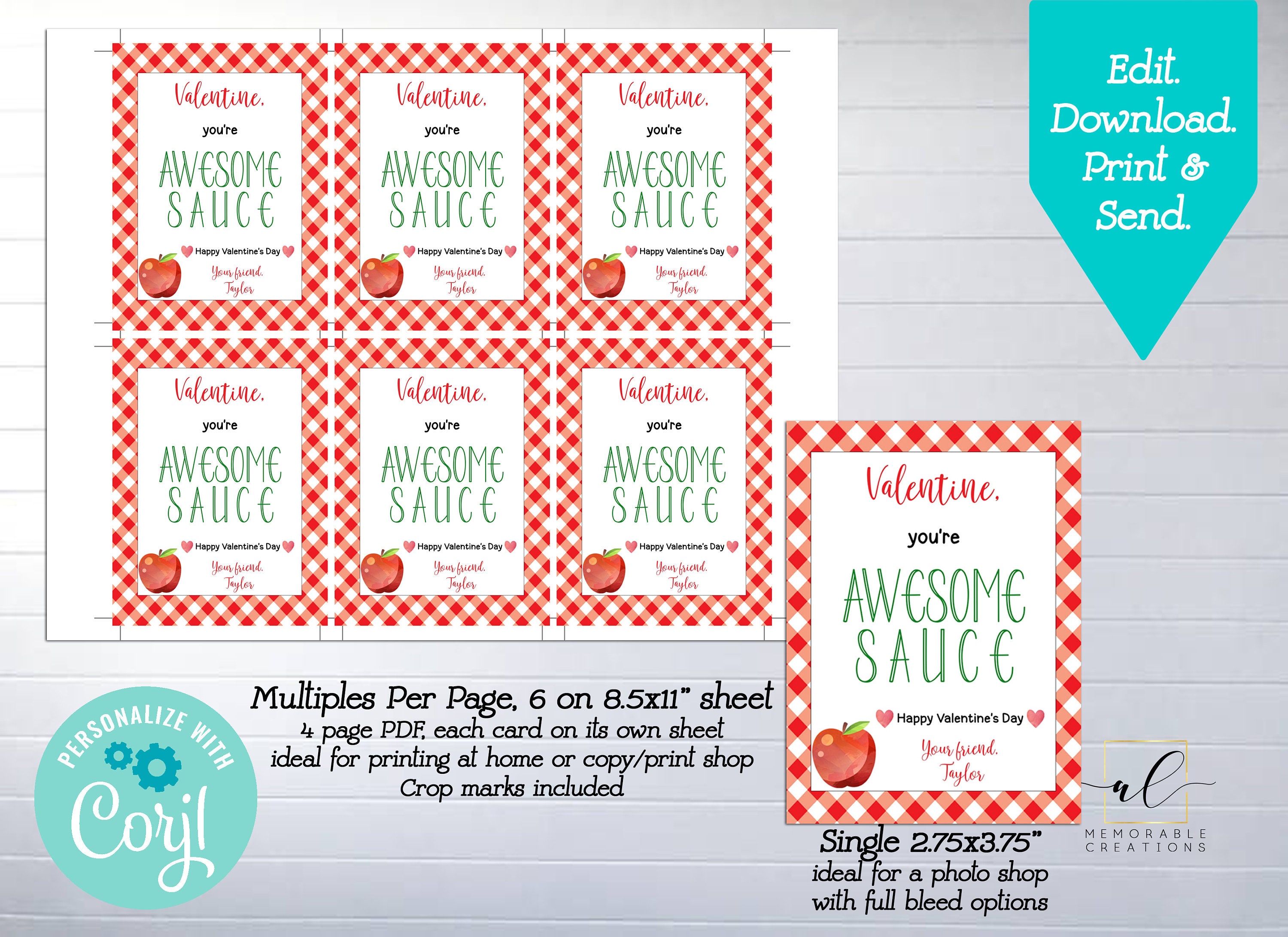 Applesauce Valentine Printable Cards Editable Applesauce - Etsy