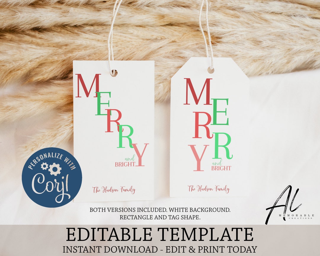 Editable Merry and Bright Gift Tags, Printable Minimalist Christmas ...