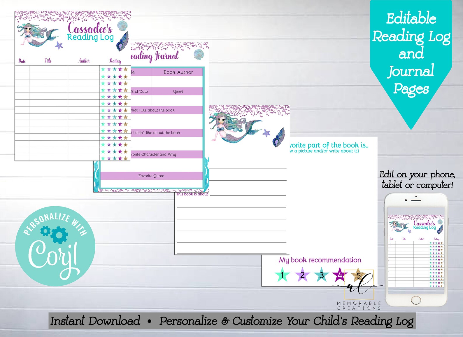 Editable Mermaid Reading Log Edit Yourself Mermaid Reading - Etsy