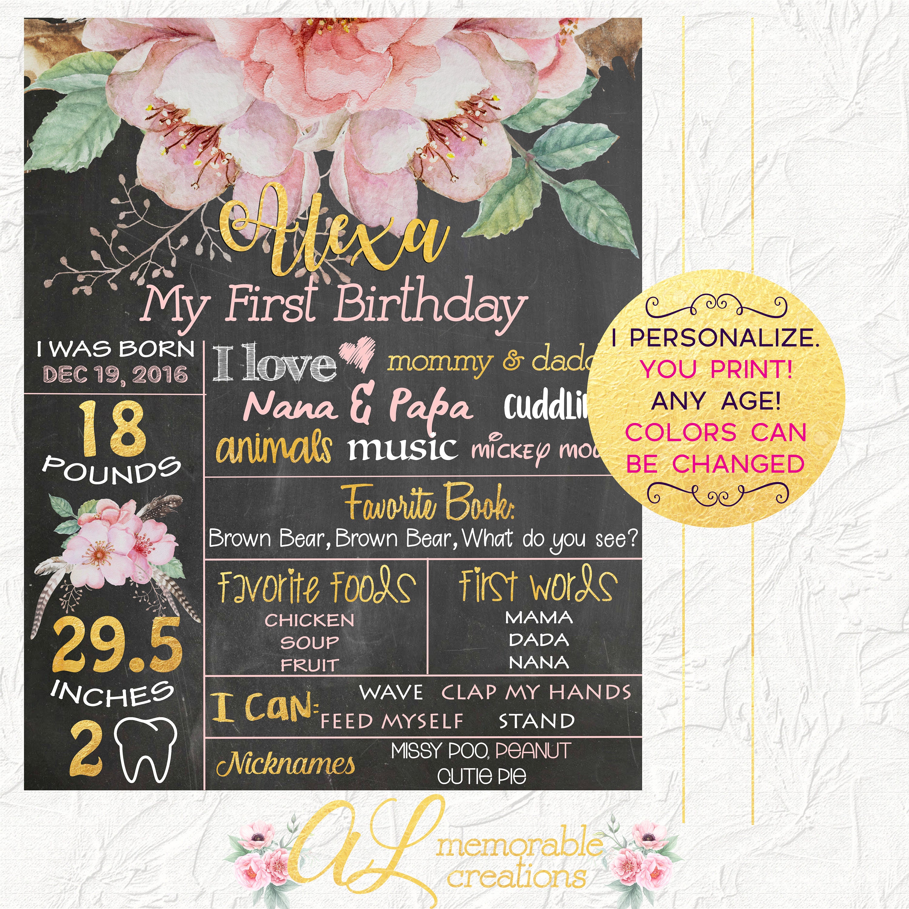 Boho Floral Birthday Poster Girl First Birthday Chalkboard | Etsy
