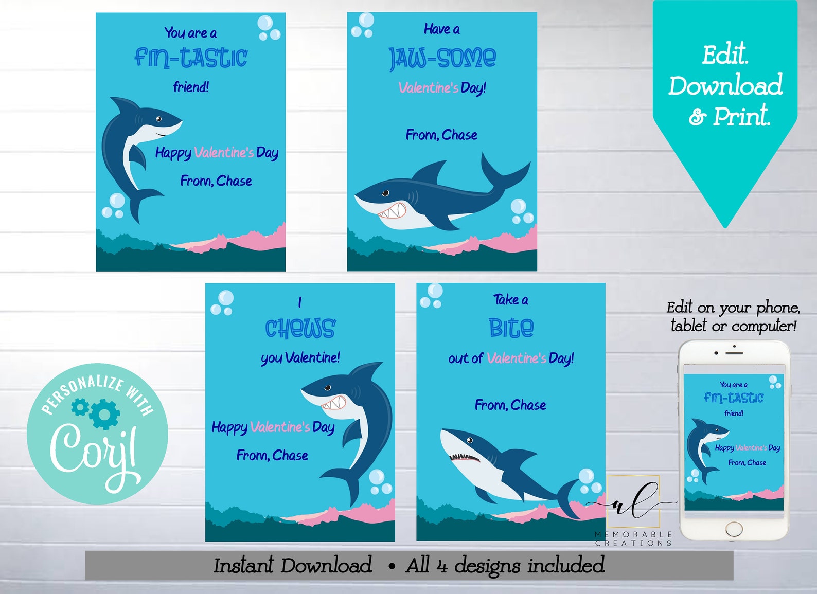 Shark Valentine Printable Cards, Editable Shark Valentines, Instant ...