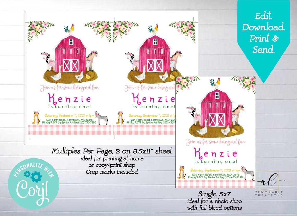 Girl Farm Birthday Printable Invitation, Edit Yourself Pink Farm 1st ...