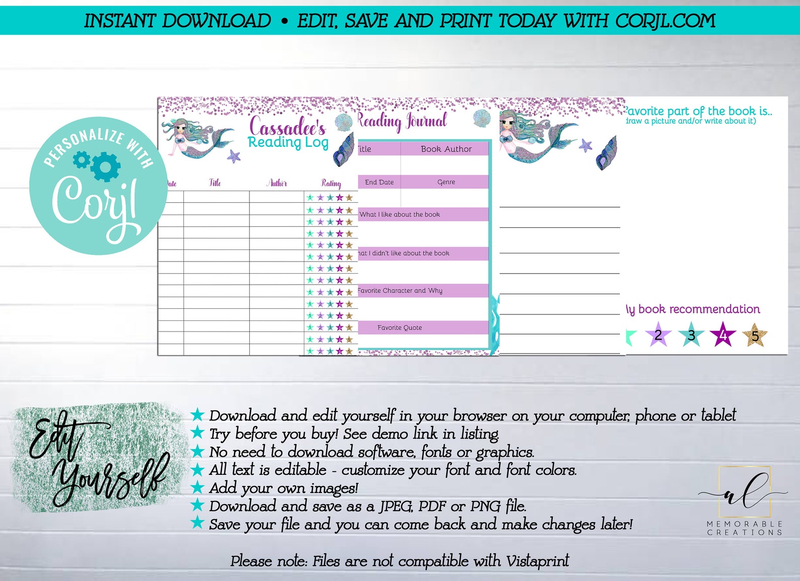 Editable Mermaid Reading Log Edit Yourself Mermaid Reading | Etsy
