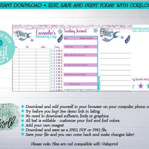 Editable Mermaid Reading Log, Edit Yourself Mermaid Reading Journal ...
