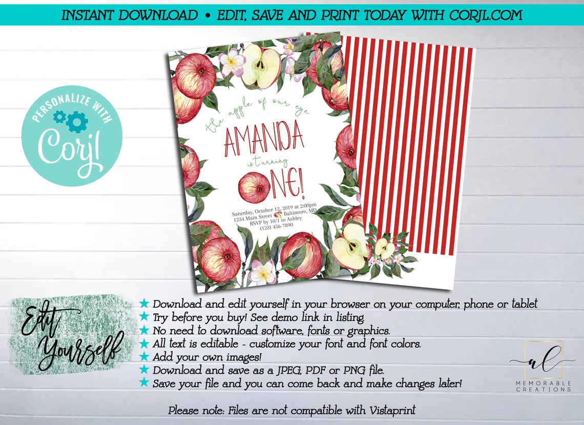 Apple Birthday Printable Invitation, Edit Yourself Apple Birthday ...
