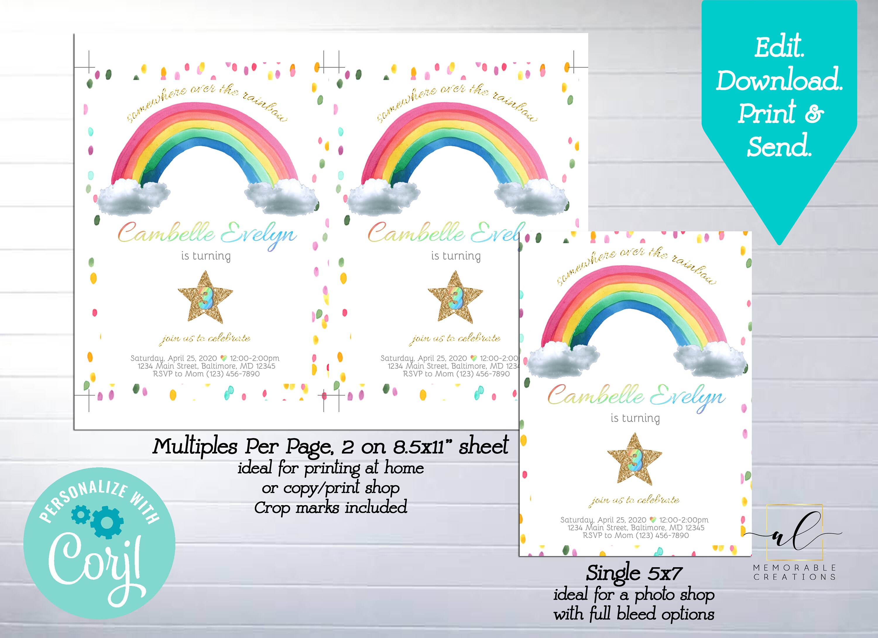 Watercolor Rainbow Birthday Printable Invitation Edit | Etsy