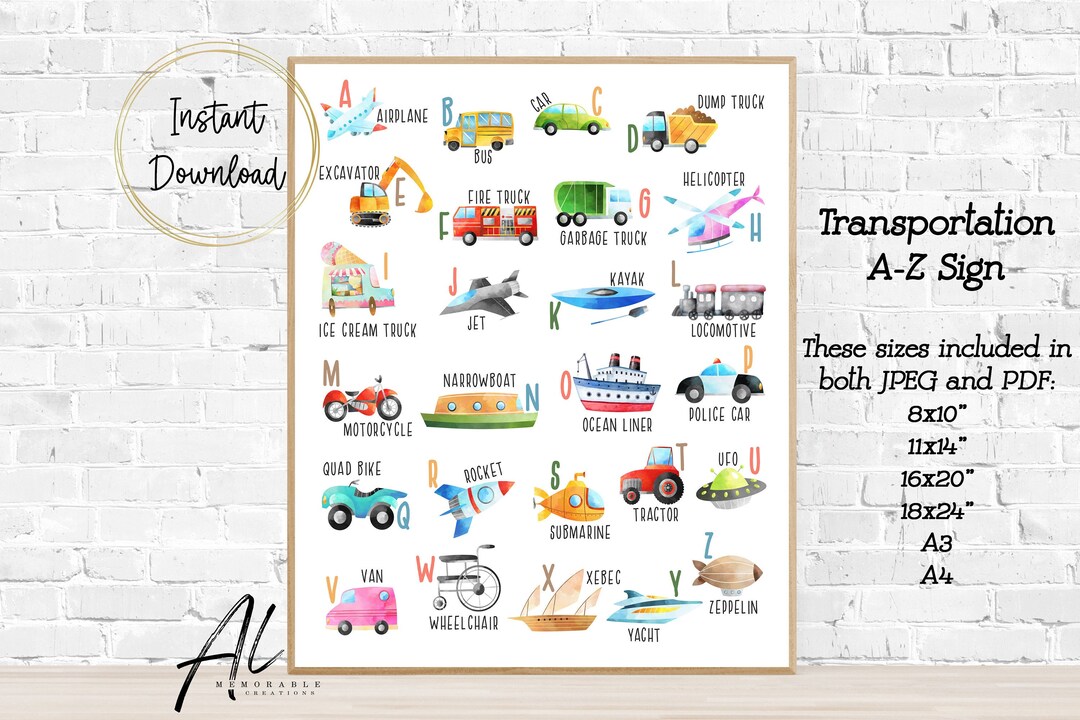 Transportation Alphabet Sign, Vehicle Print, Transportation A-Z, ABC ...