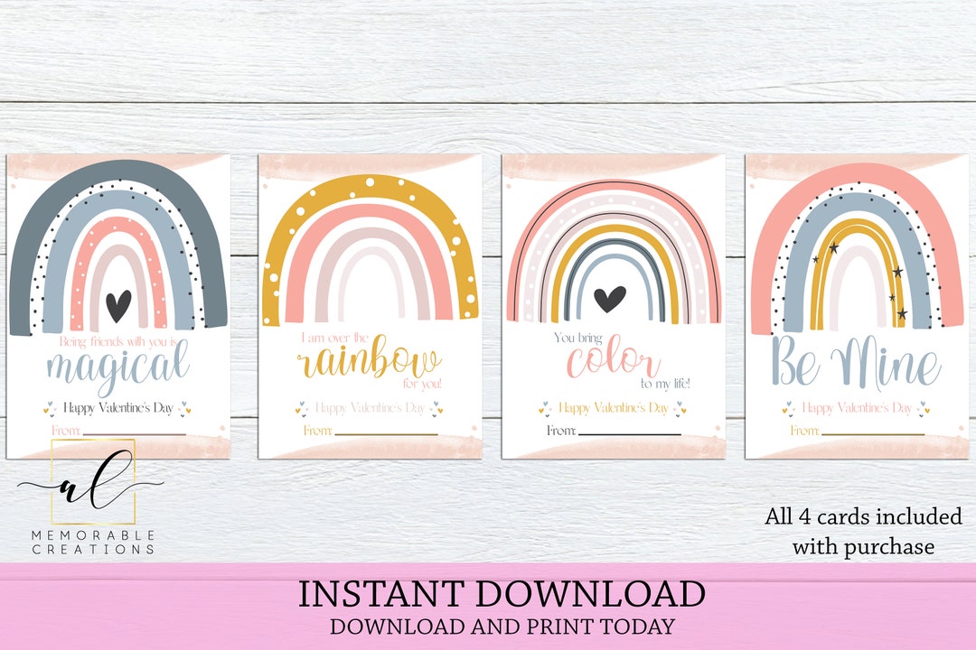 Rainbow Valentine Cards, Kids Valentine Cards, Printable Boho Rainbow ...