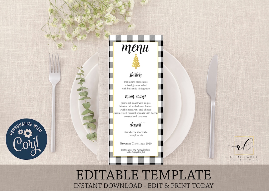Buffalo Plaid Christmas Printable Menu, Edit Yourself Christmas Menu ...