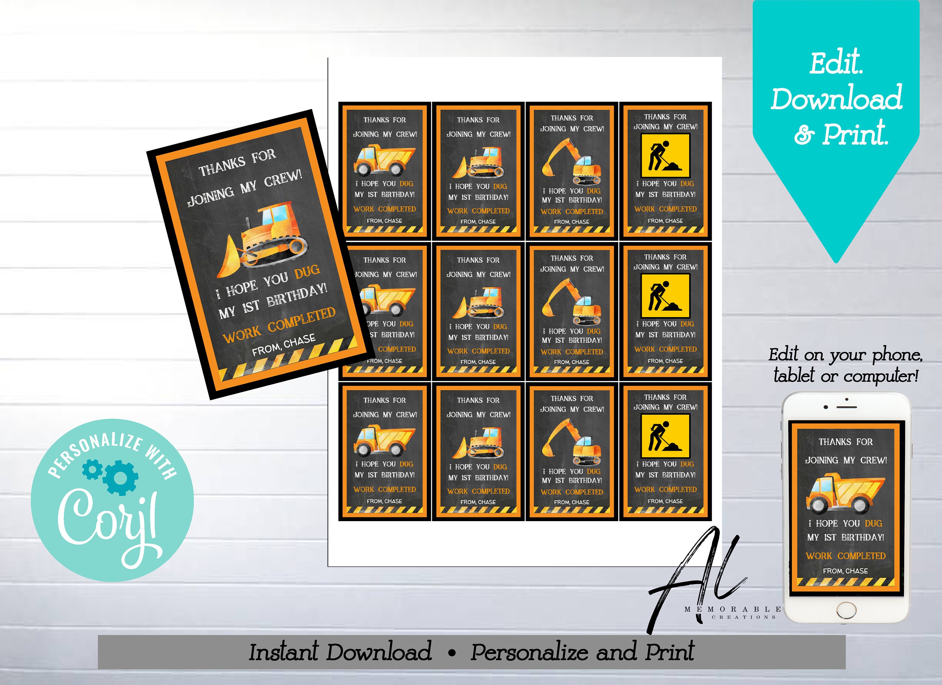 Construction Birthday Printable Gift Tags Editable - Etsy