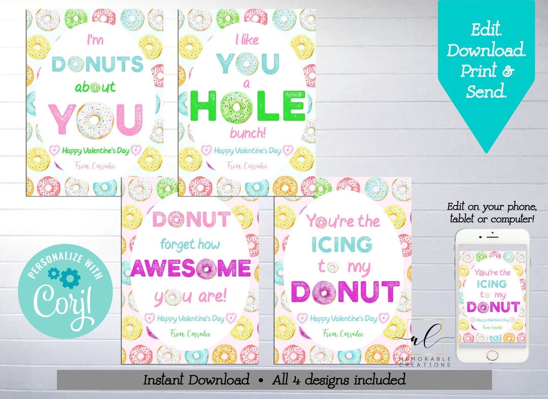 Donut Valentine Printable Cards, Editable Donut Valentines, Instant ...