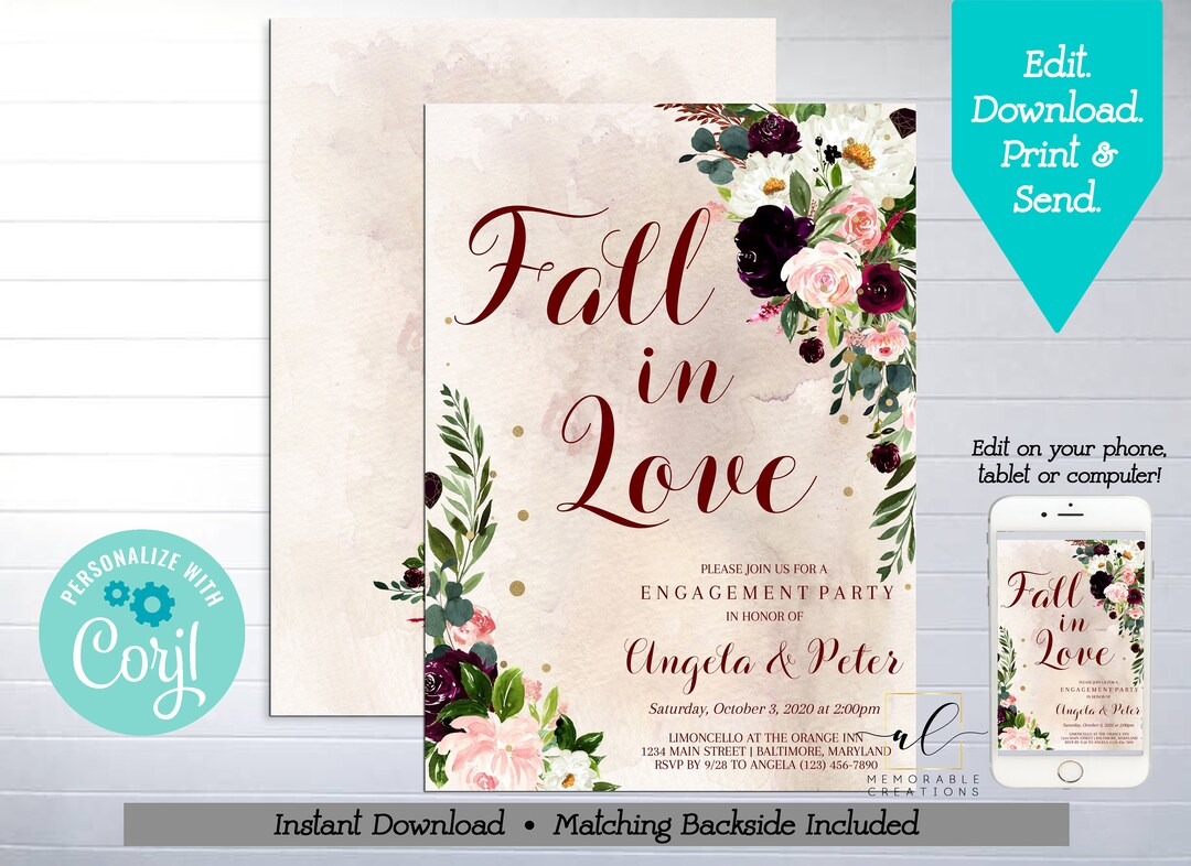 Fall in Love Engagement Party Printable Invitation, Edit Yourself Fall ...