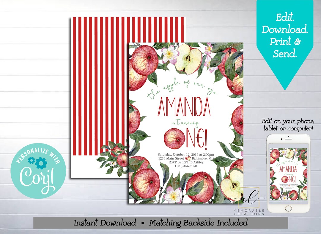 Apple Birthday Printable Invitation, Edit Yourself Apple Birthday ...