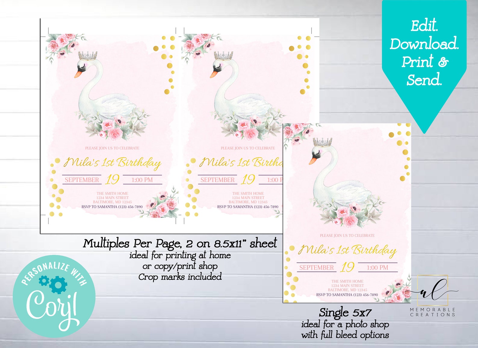 Swan Birthday Printable Invitation, Edit Yourself Swan Birthday Invite ...