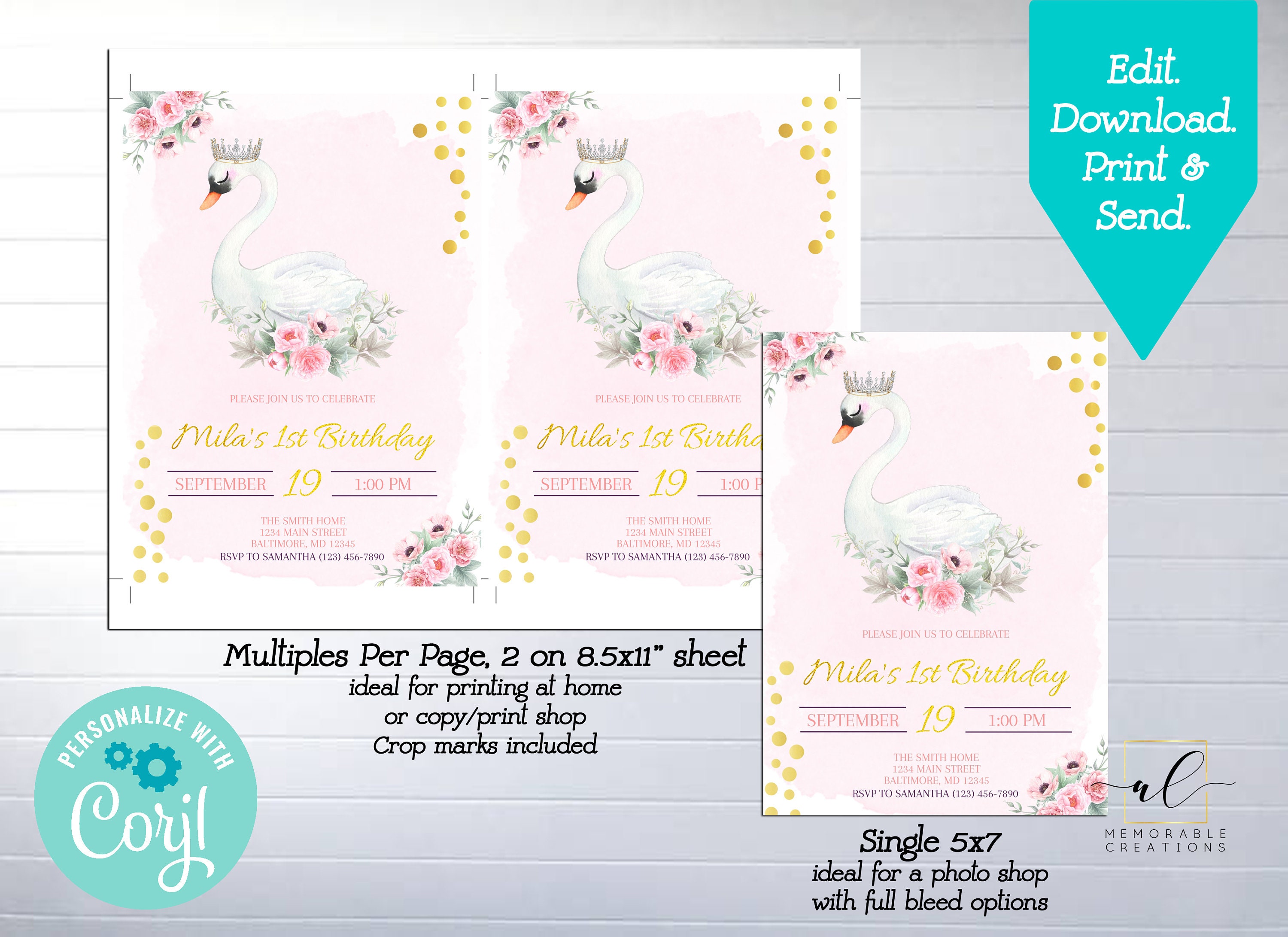 Swan Birthday Printable Invitation, Edit Yourself Swan Birthday Invite ...