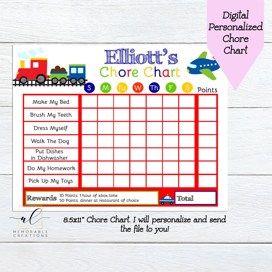 Personalized Transportation Chore Chart Train Reward Chart | Etsy