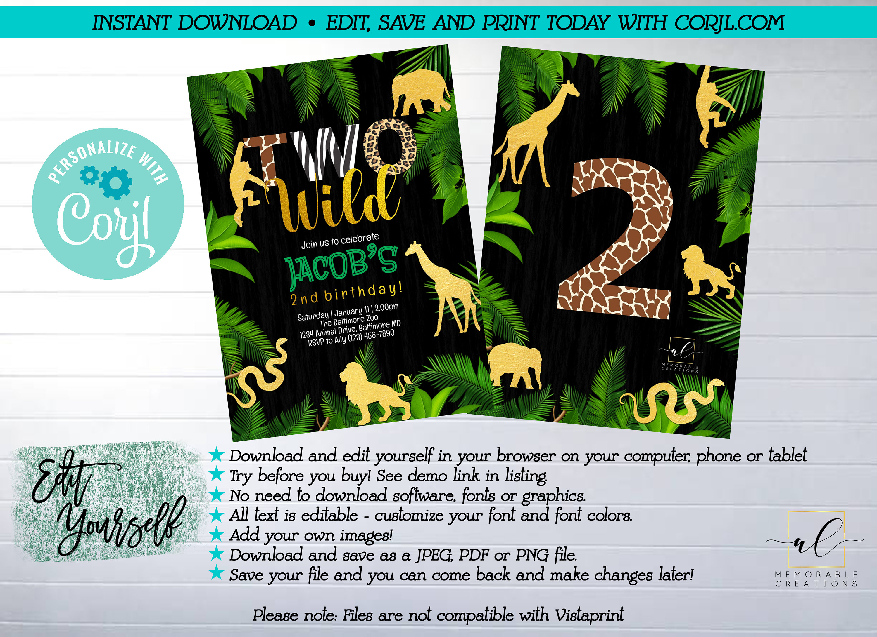 Two Wild Birthday Printable Invitation, Edit Yourself Boy Safari ...