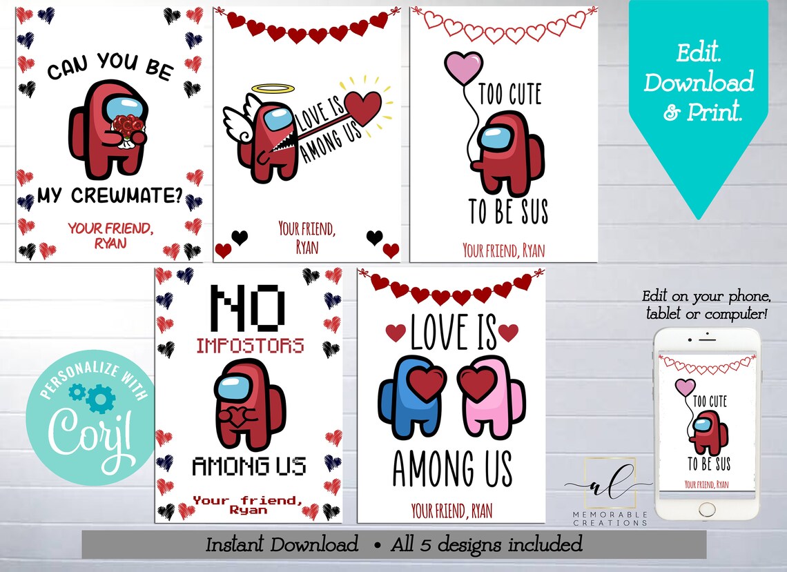 Among Us Valentine Printable Cards Editable Among Us - Etsy