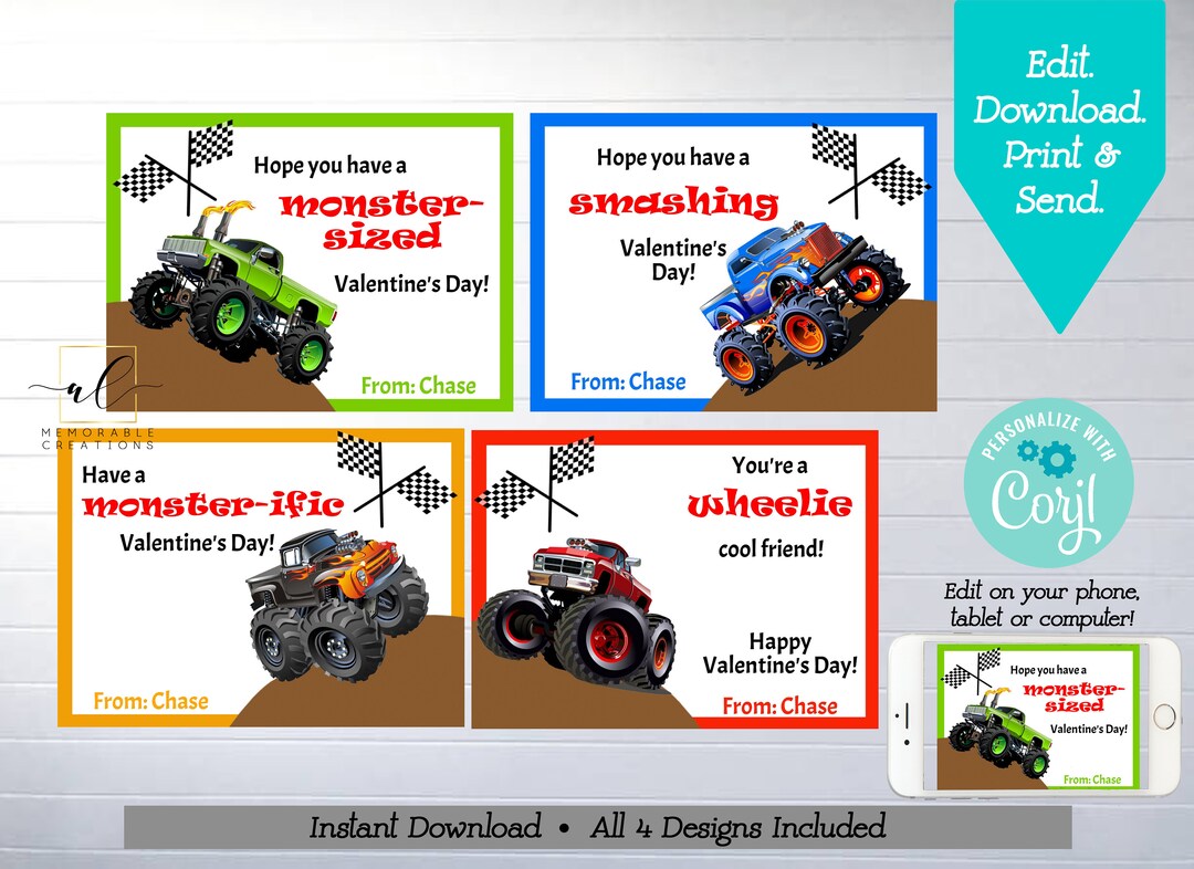 Monster Truck Valentine Printable Cards, Editable Monster Truck ...
