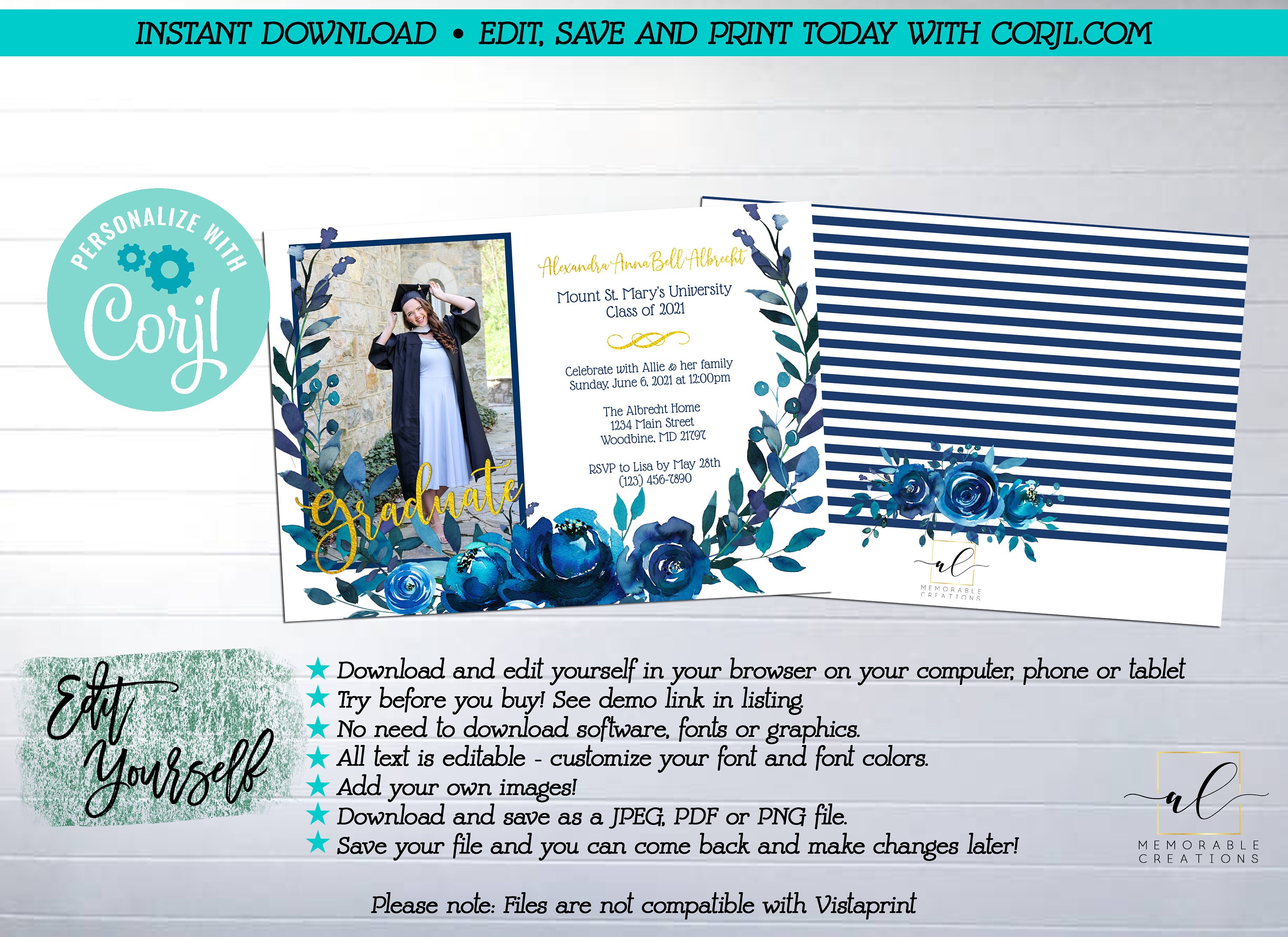 Blue Floral Photo Graduation Printable Invitation Edit | Etsy