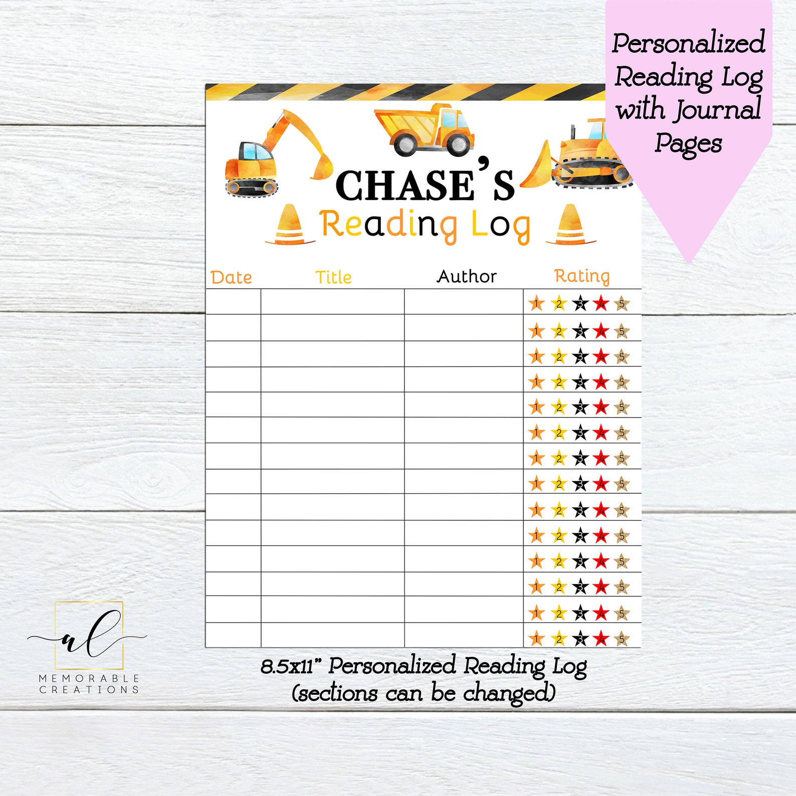 Personalized Construction Reading Log Truck Reading Journal - Etsy