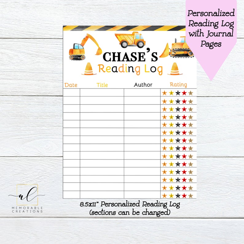 Personalized Construction Reading Log, Truck Reading Journal, Reading ...