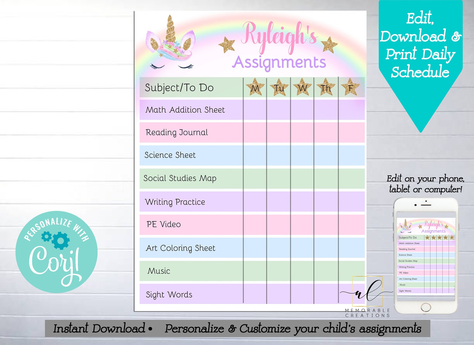 Editable Unicorn Assignment Tracker Edit Yourself Homework to - Etsy