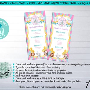 Circus Printable Menu, Editable Circus Menu Template, Instant Download ...