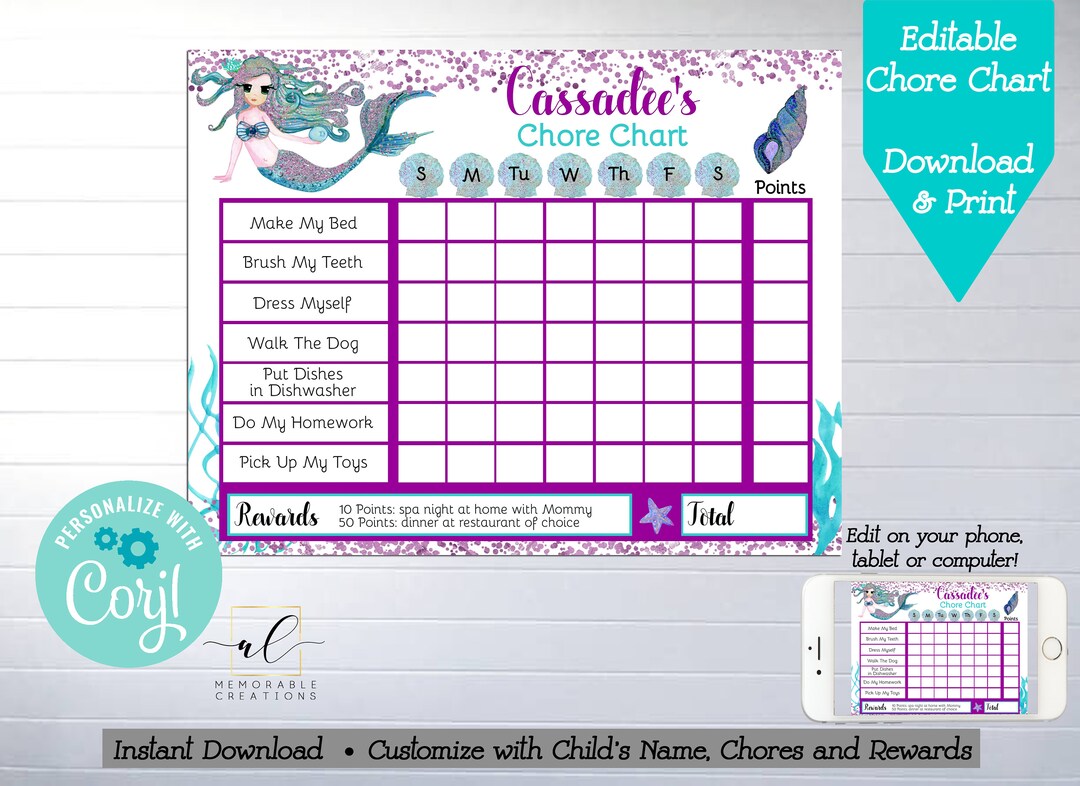 Editable Mermaid Chore Chart, Edit Yourself Mermaid Reward Chart ...