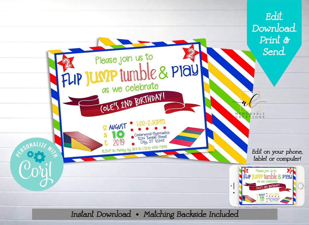 Tumbling Birthday Printable Invitation, Edit Yourself Tumbling Birthday ...