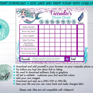 Editable Mermaid Chore Chart, Edit Yourself Mermaid Reward Chart ...