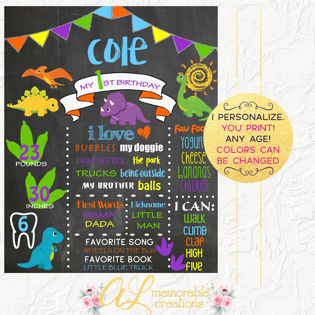 Dinosaur Birthday Chalkboard, Boy Birthday Chalkboard, 1st Birthday ...