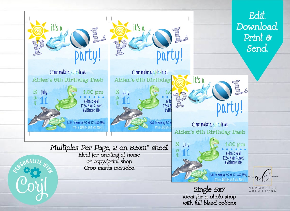 Boy Pool Party Birthday Printable Invitation Edit Yourself - Etsy