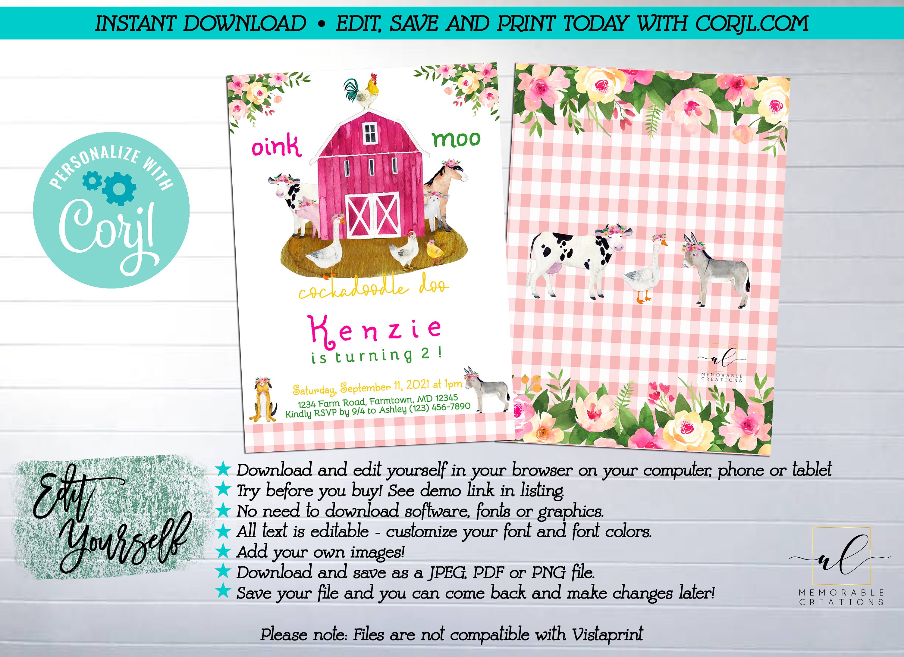 Girl Farm Birthday Printable Invitation, Edit Yourself Pink Farm 2nd ...