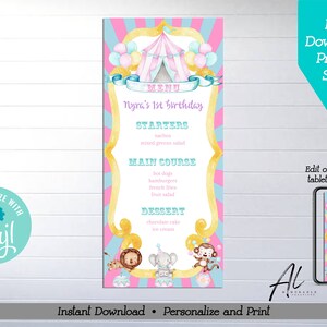 Circus Printable Menu, Editable Circus Menu Template, Instant Download ...