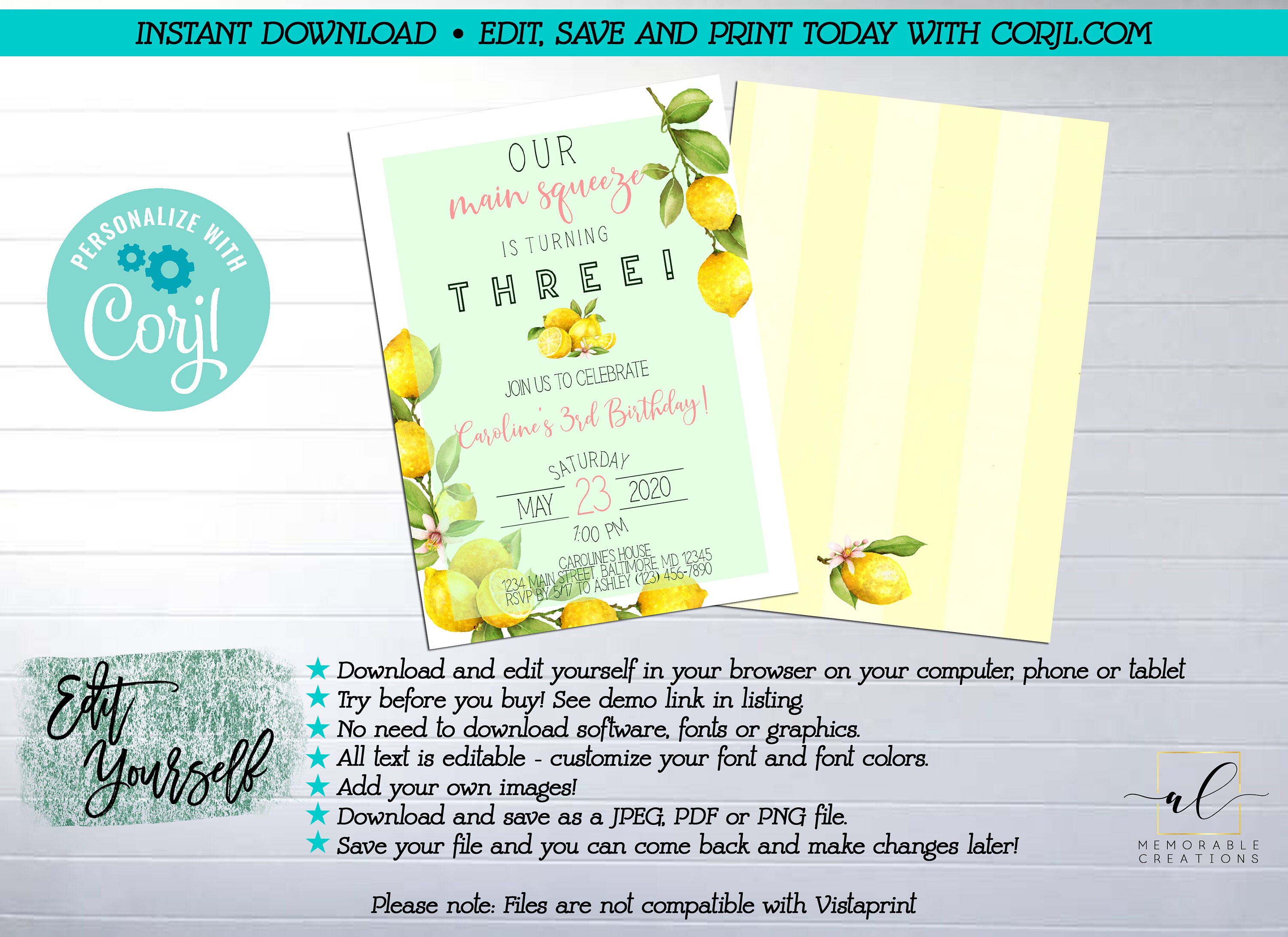 Lemon Birthday Printable Invitation Edit Yourself Lemon - Etsy
