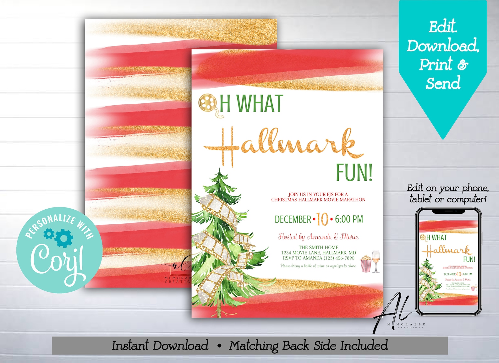 Red Hallmark Movie Night Printable Invitation Editable - Etsy