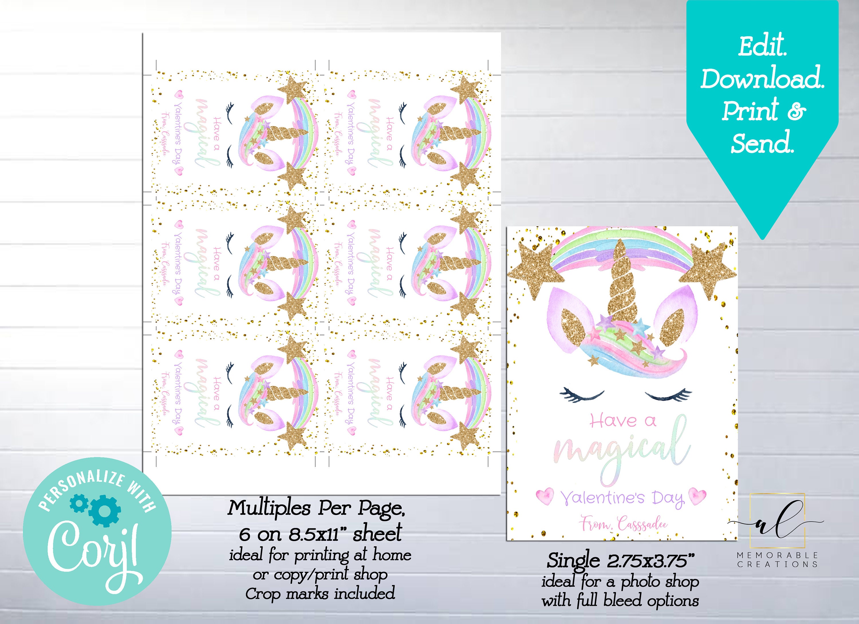 Unicorn Valentine Printable Cards, Editable Unicorn Valentines, Instant ...