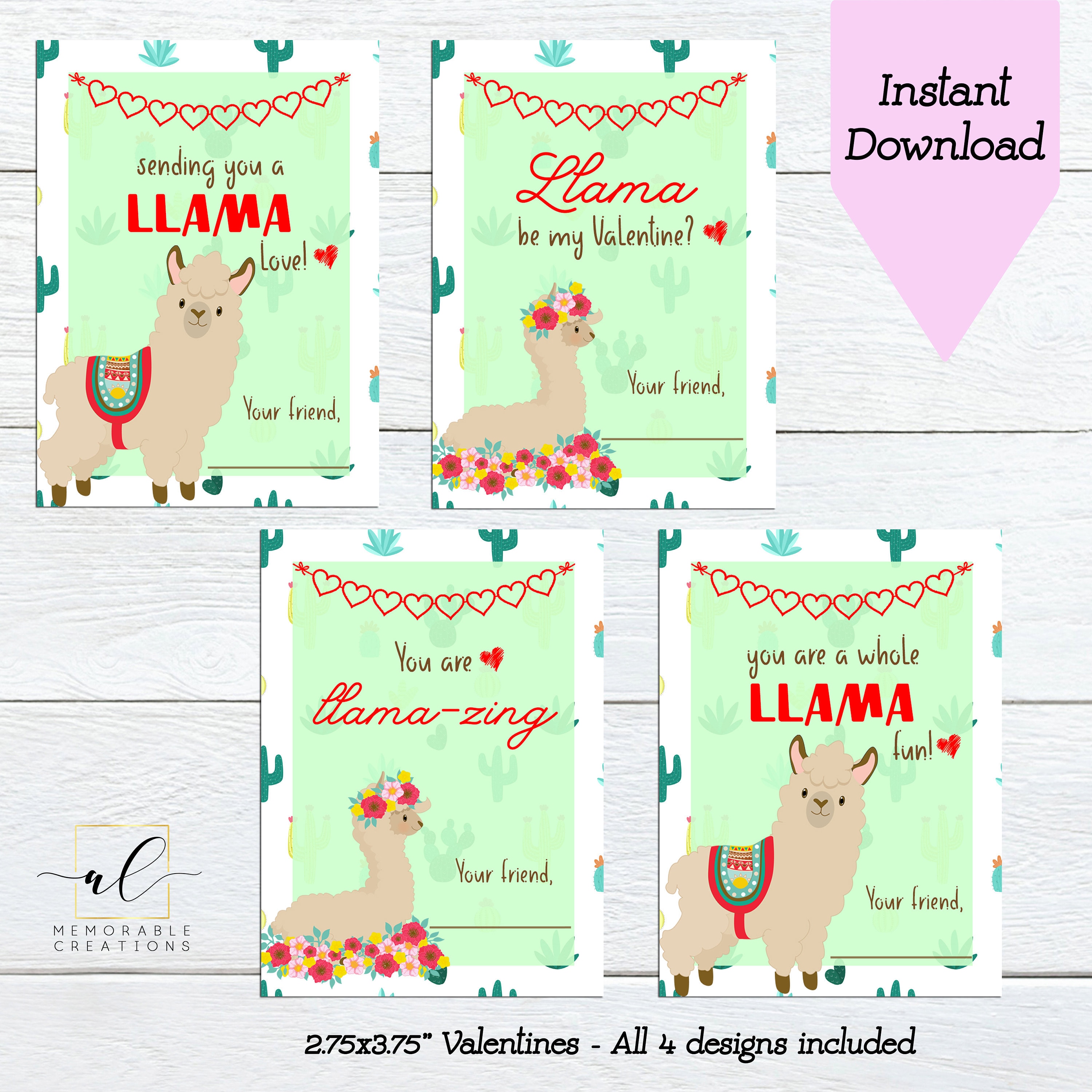 Llama Valentine Cards, Kids Valentine Cards, Printable Llama Valentines ...