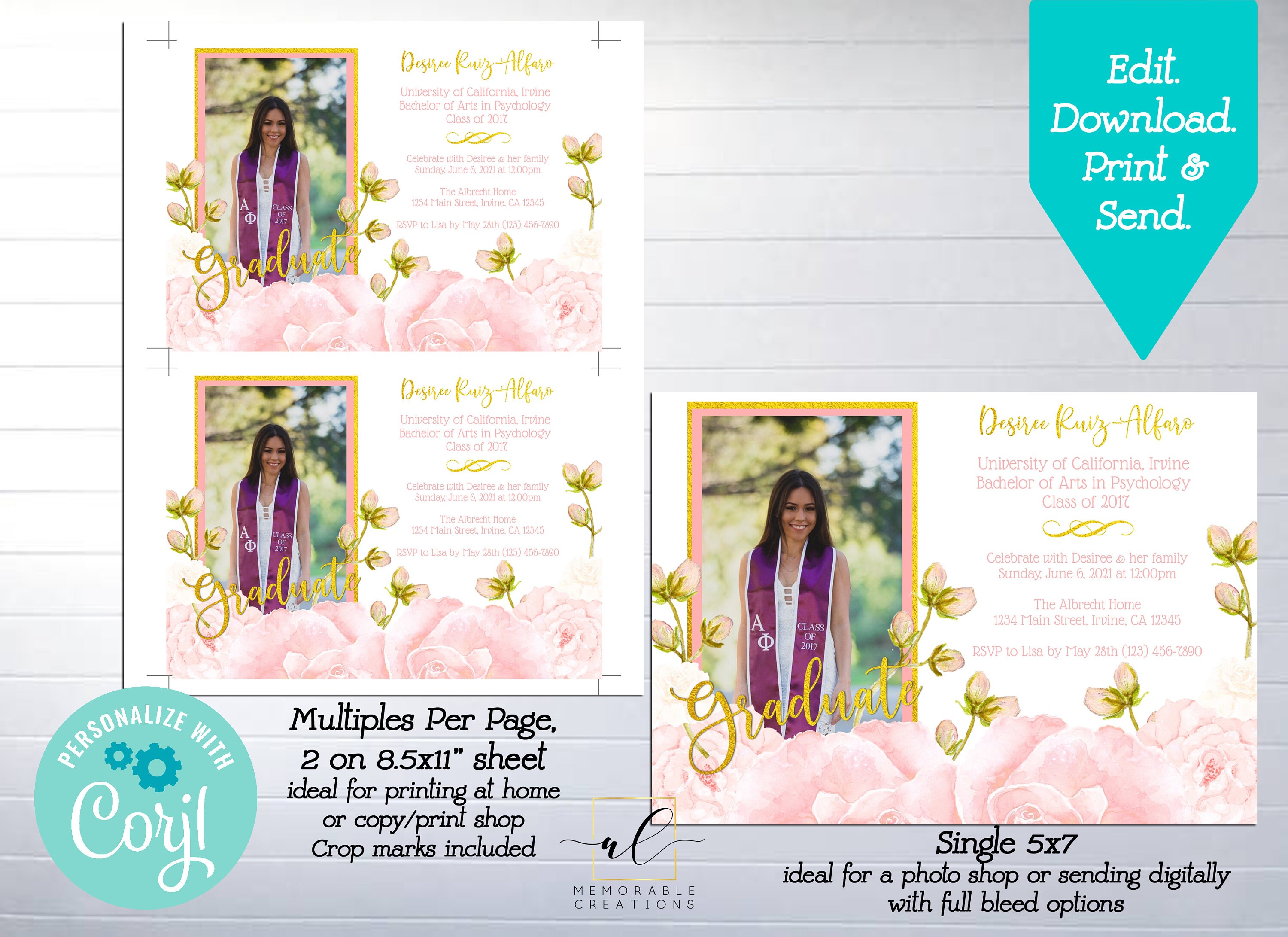 Pink Floral Photo Graduation Printable Invitation Edit - Etsy