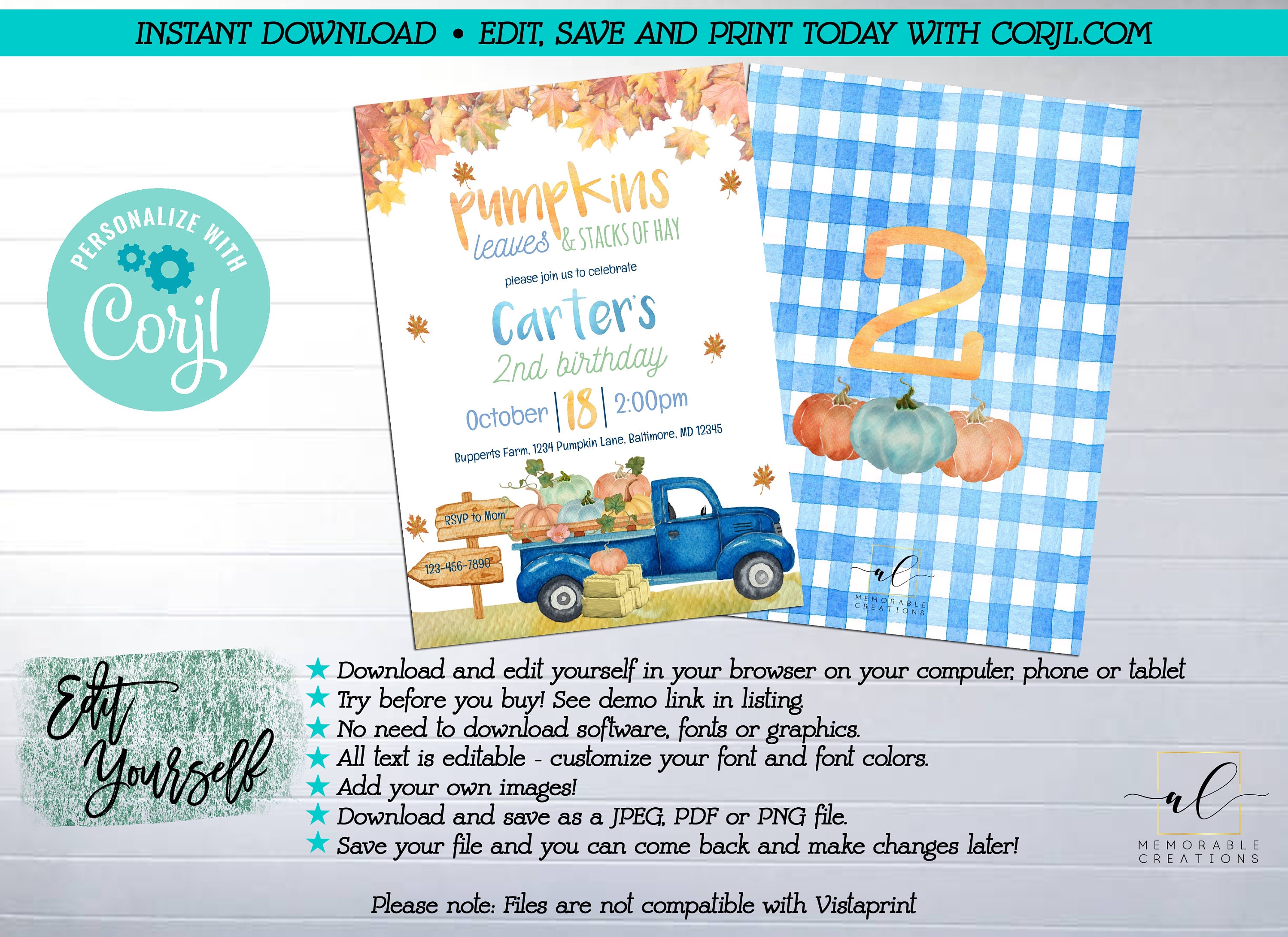 Blue Pumpkin Truck Birthday Printable Invitation Edit - Etsy