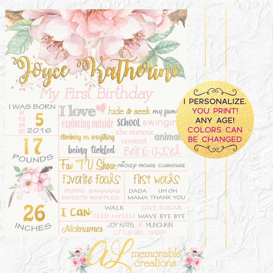 Boho Floral Birthday Poster, Girl First Birthday Chalkboard, Pink and ...