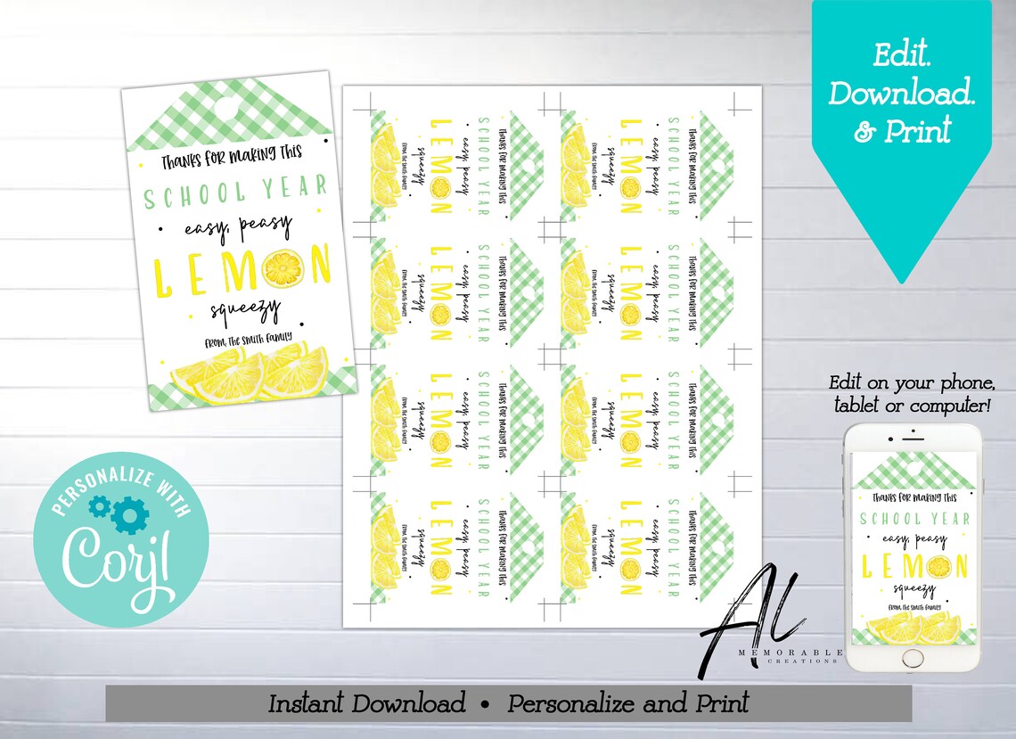 Lemon Teacher Appreciation Printable Gift Tag Editable Lemon - Etsy