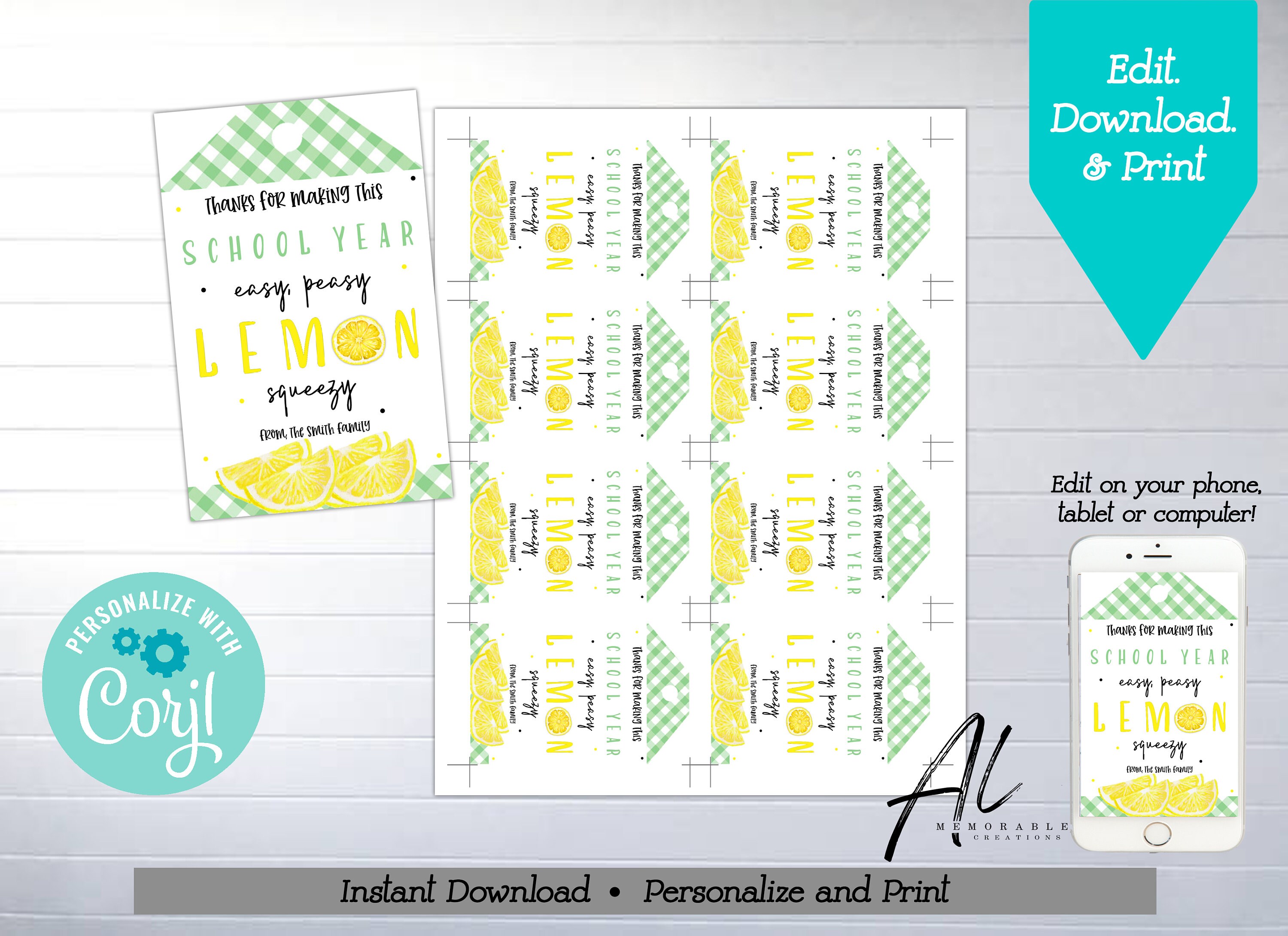 Lemon Teacher Appreciation Printable Gift Tag, Editable Lemon End of ...