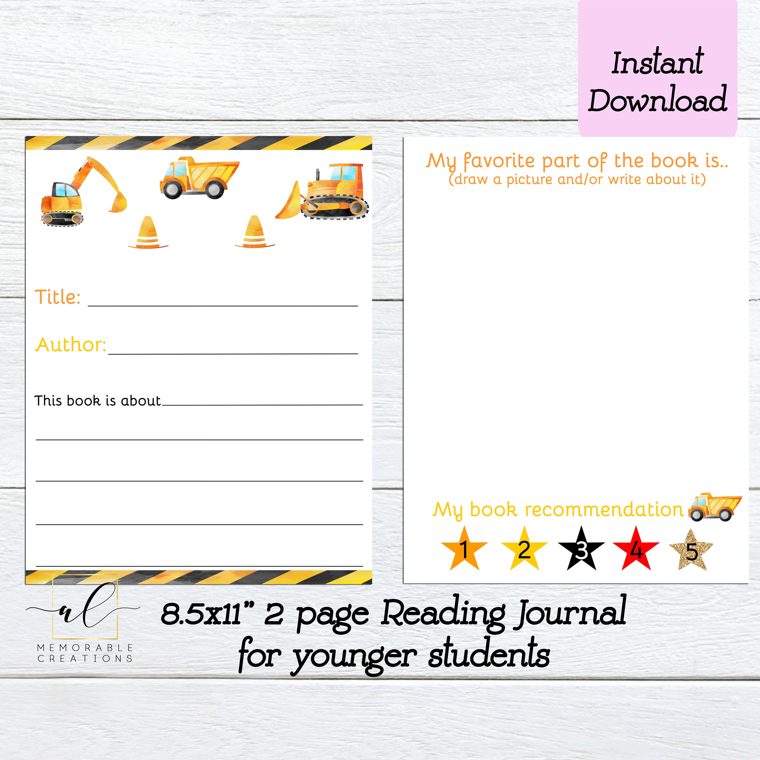 Construction Reading Log, Bulldozer Reading Journal Bundle, Reading ...