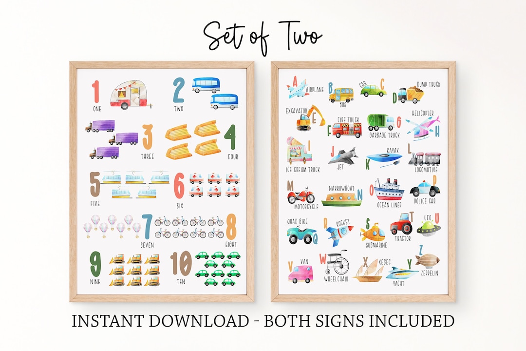 Transportation Alphabet and Numbers Sign, Vehicle Prints ...