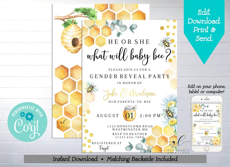 Honey Bee Gender Reveal Party Printable Invitation Edit - Etsy Australia